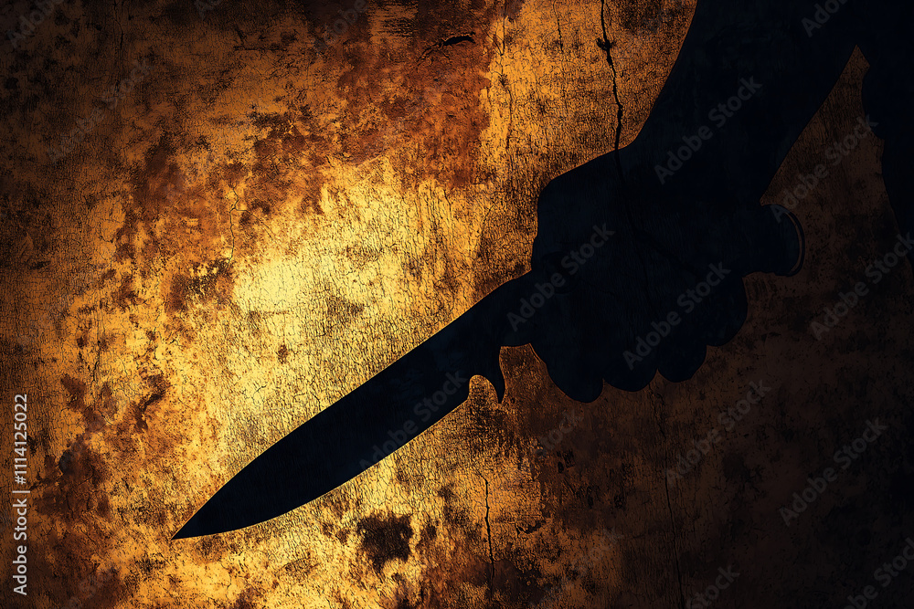 Silhouette of hand holding knife, crime scene concept, violent act ...