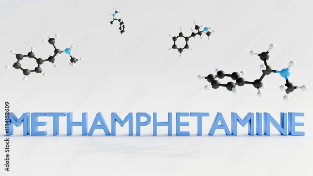 Molecular structure of Methamphetamine, a stimulant drug; 3d rendering ...