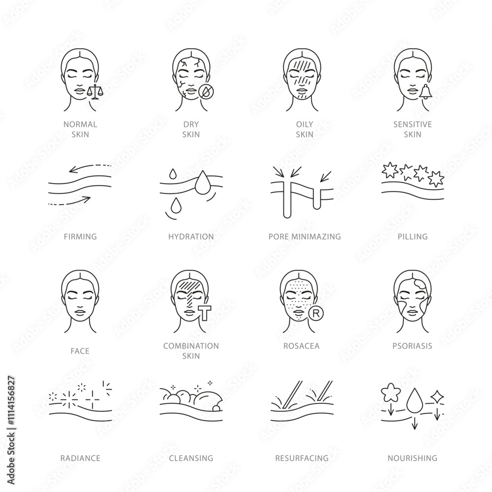 Cosmetology related icons - firming, pilling, hydration, cleansing ...