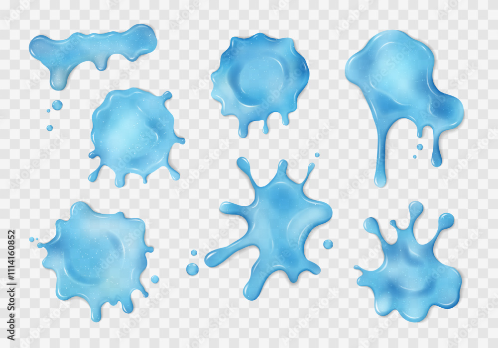 Liquid neon blue slime blots set. Slimy stains with drops. Different ...