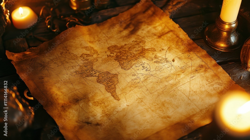 golden parchment map with ancient markings, intricate details ...