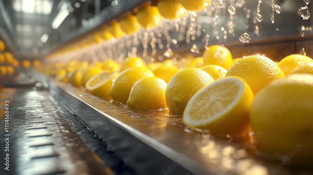 Juice factory. Fresh, shiny lemons are washed under a cascade of water ...