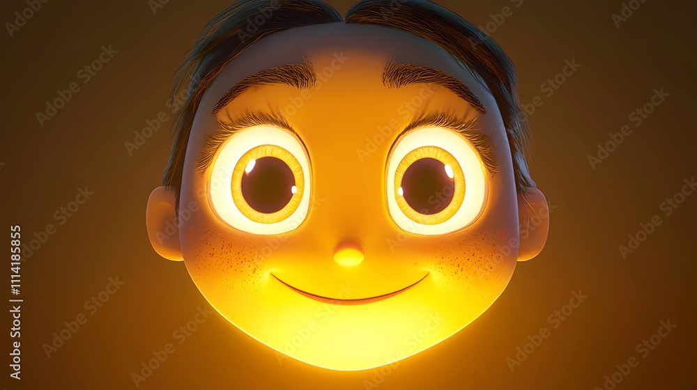 A cartoon face with a shy grin, blushing cheeks, and glowing eyes ...