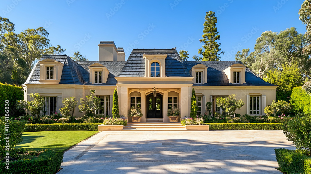 Romantic French Provincial Chateau with Mansard Roof and Formal Gardens ...