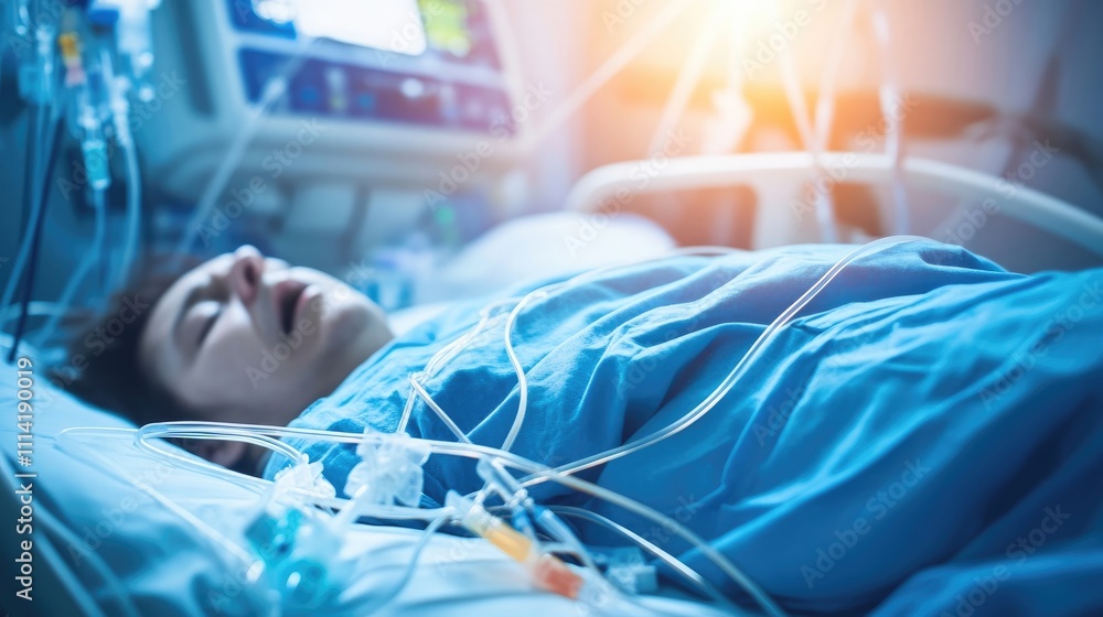Critical patient lying in hospital bed connected to life support system ...