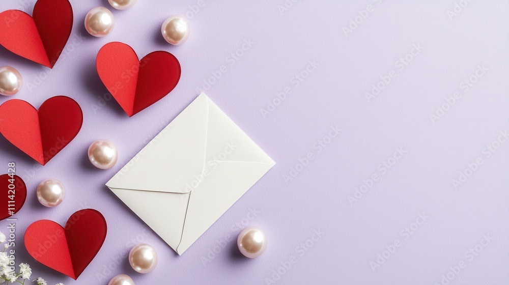 Heart-shaped paper cut-outs and envelope concept. Love-themed layout ...