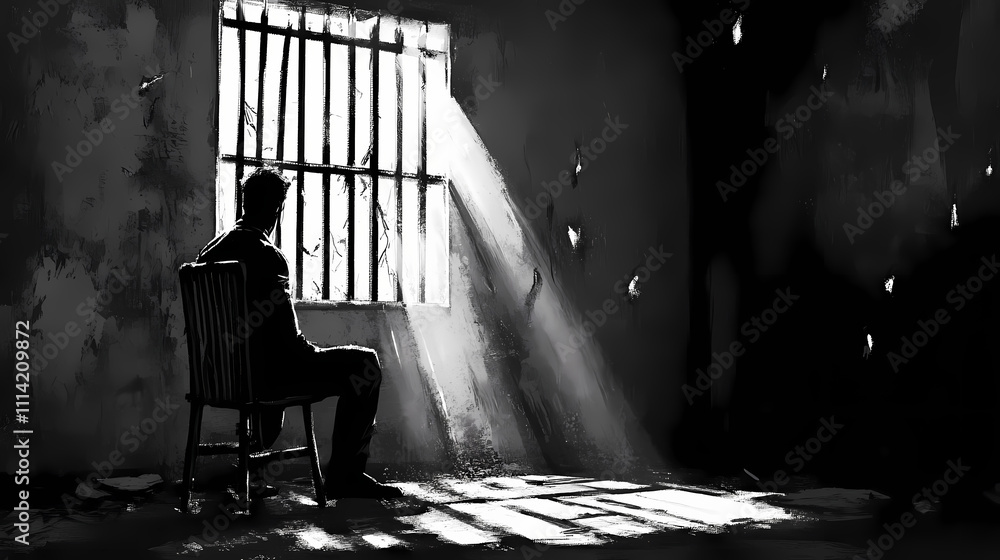 Survivor seated in a crumbling interrogation room, dusty light beams ...