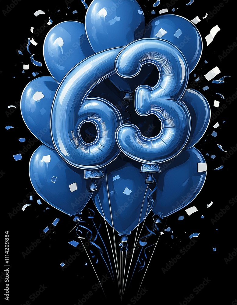 Blue birthday / anniversary balloon, number 63, black background with ...