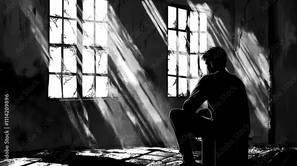 Survivor seated in a crumbling interrogation room, dusty light beams ...