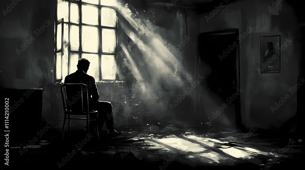 Survivor seated in a crumbling interrogation room, dusty light beams ...