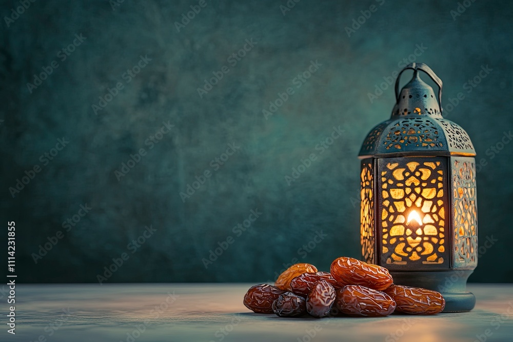 Holy Ramadan concept. Dates close-up in the foreground. On the distant ...