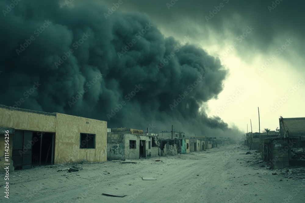 Destructive smoke eruption abandoned village photo gloomy atmosphere ...