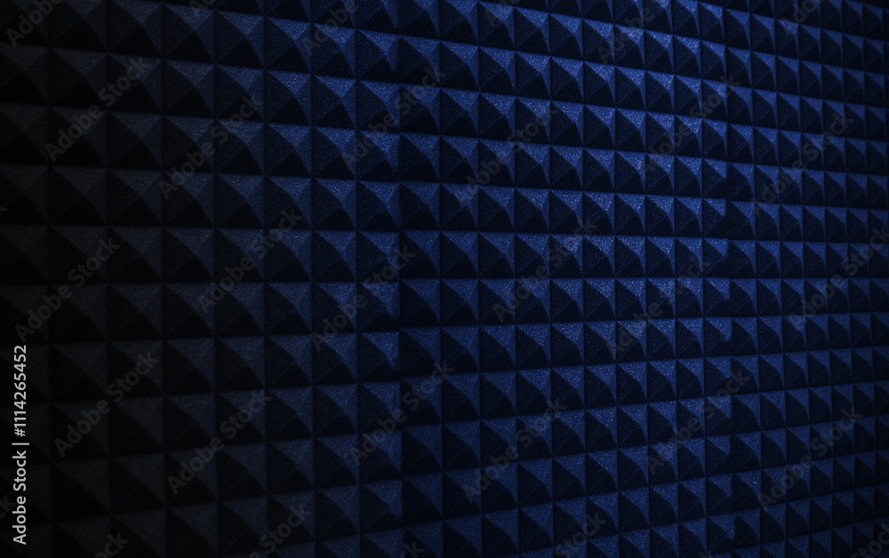 Recording studio wall background with dark and blue acoustic foam ...