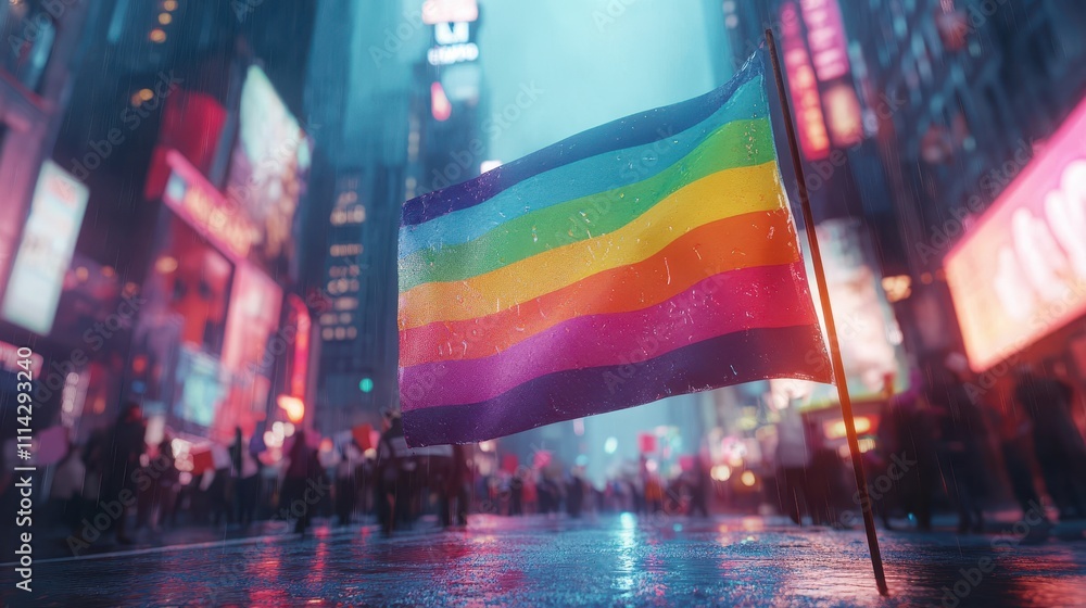 Against an urban city backdrop, rainbow-colored protest banner, held ...