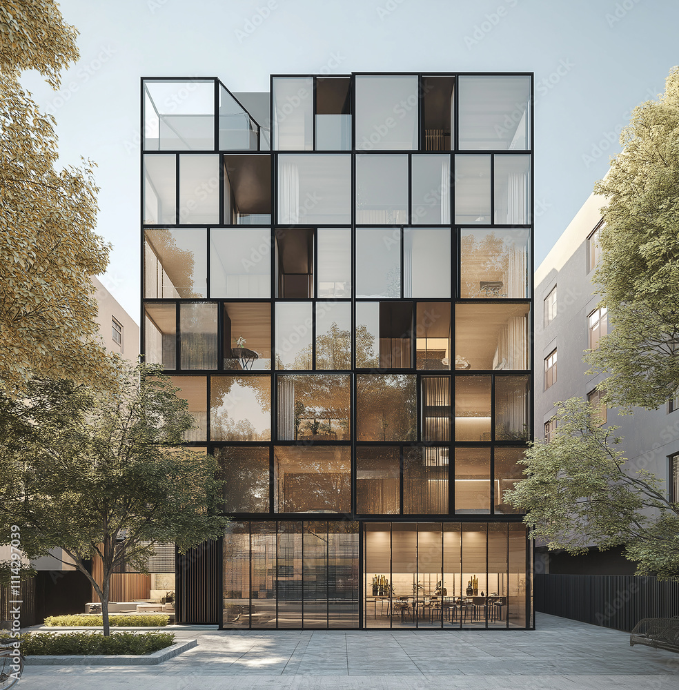 Architectural rendering of a tight cluster of modern, minimalist office ...
