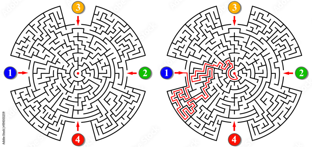 Circular labyrinth with many entrances. Find the right way and reach ...