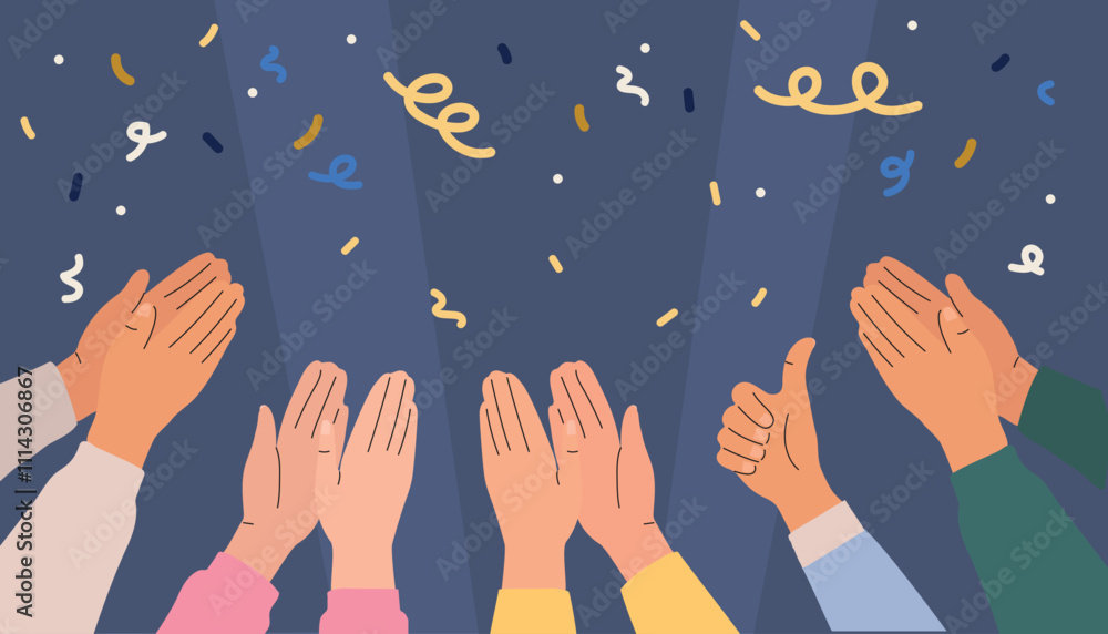Illustration of hands clapping on a background with confetti. Crowd ...