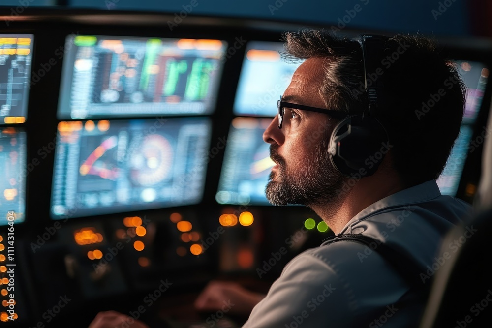 An air traffic controller works in a dim control room, analyzing ...