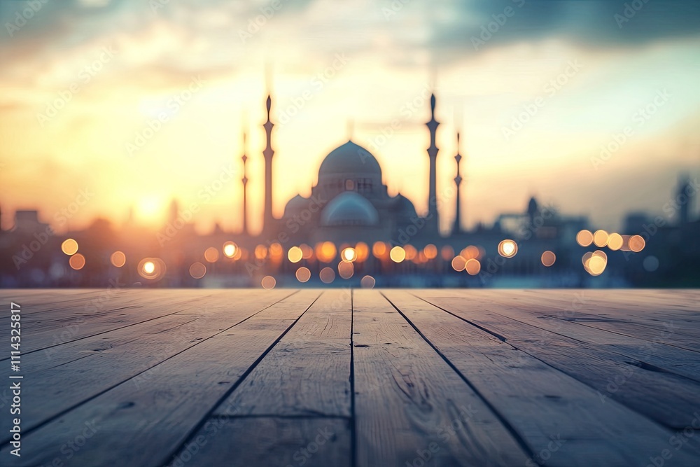 Wood floor board on blur mosque ramadan background. Window breakfast ...