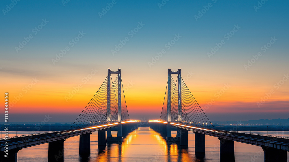 Sunrise Bridge: Majestic cable-stayed bridge at sunrise, reflecting ...