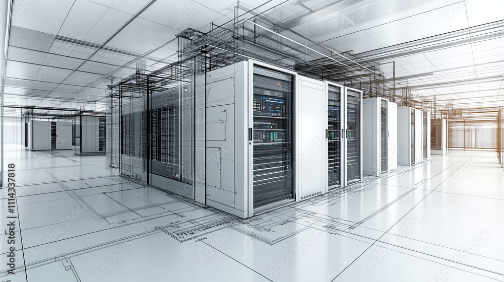 Data center blueprint with server racks and technical details Stock ...
