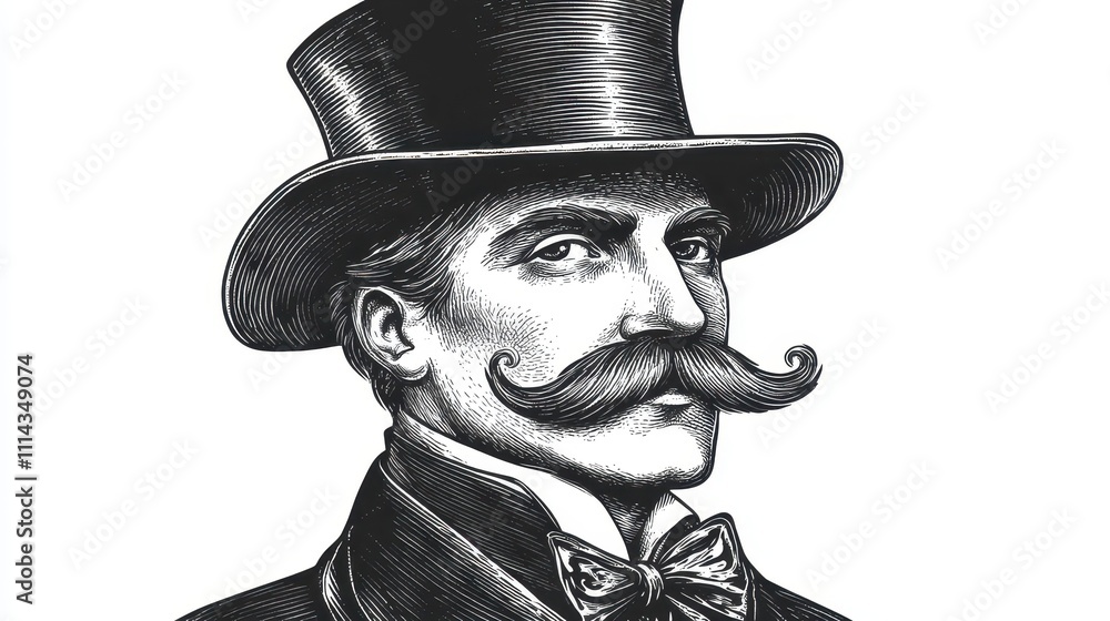 vintage engraving of man with mustache wearing classic top hat ...