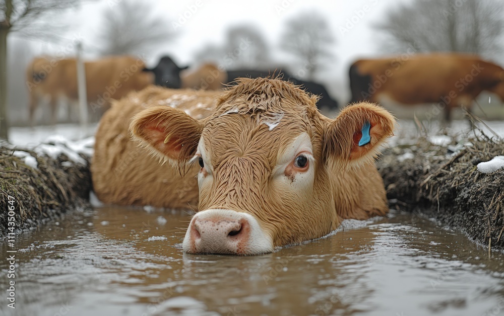 A gentle giant takes a refreshing dip in a winter puddle, a serene ...