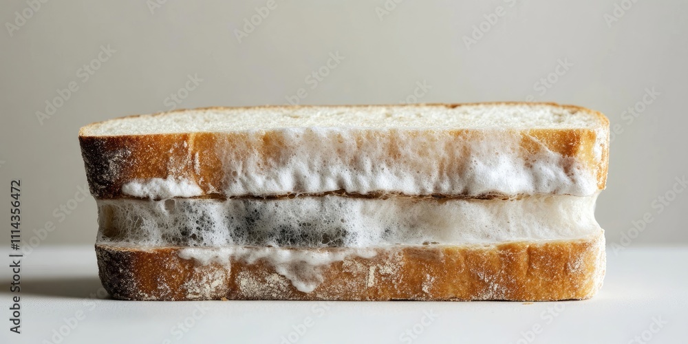 A loaf of sliced bread covered in mold rests on a white surface ...