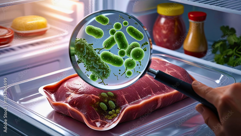 Examining bacteria in raw meat kitchen refrigerator food safety image ...
