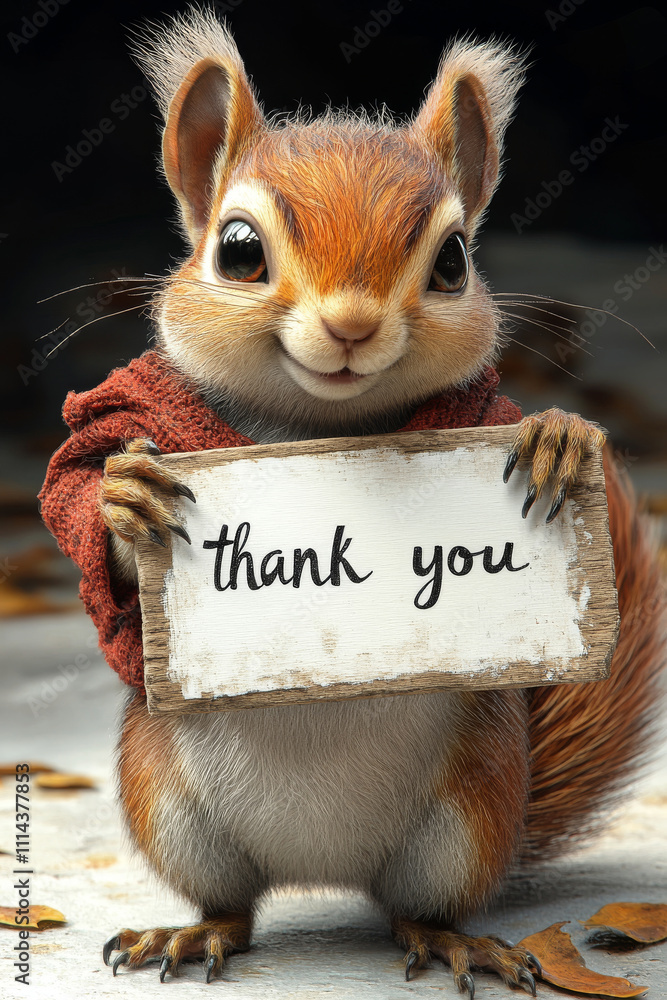 cute cartoon happy squirrelholding a white board sign that says "thank ...