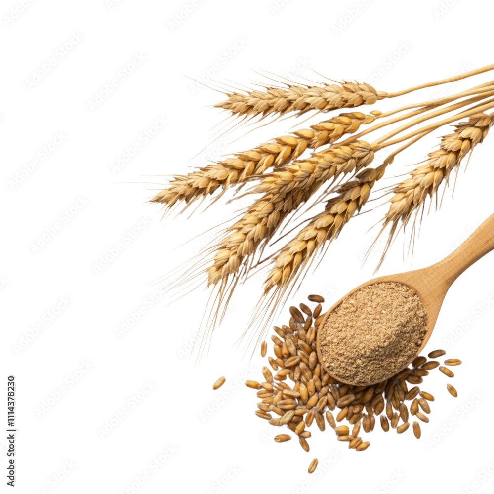 Spelt bran and grains with wooden spoon and ears of wheat. png isolated ...