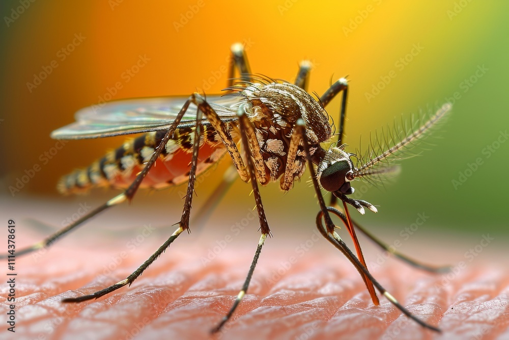 Detailed macro shot of mosquito biting human skin, capturing intricate ...