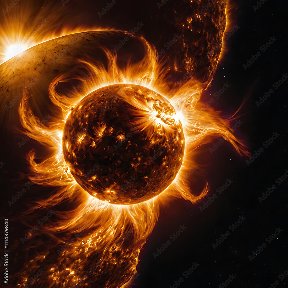 Solar eclipse with coronal prominence and solar flares over a planetary ...
