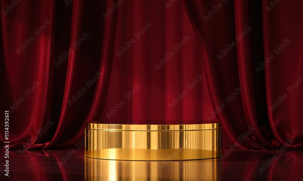 Golden Podium Awaits: Luxurious Red Curtains Frame a Gleaming Golden ...