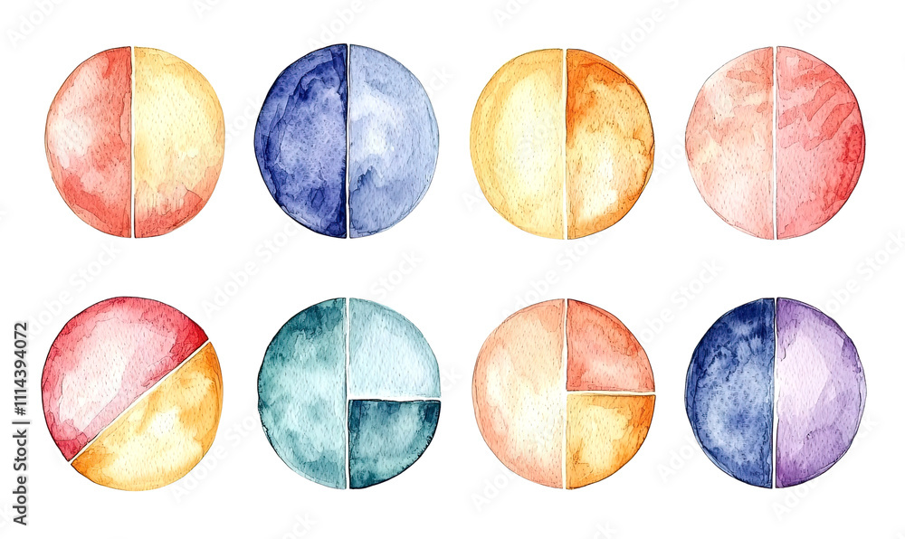 Pie charts displaying diverse color palettes, watercolor concept ...