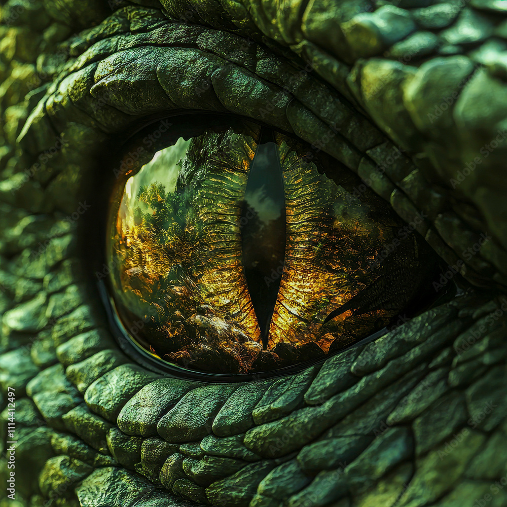 Detailed macro of a reptilian eye with textured green scales and a vibrant reflection of nature ...
