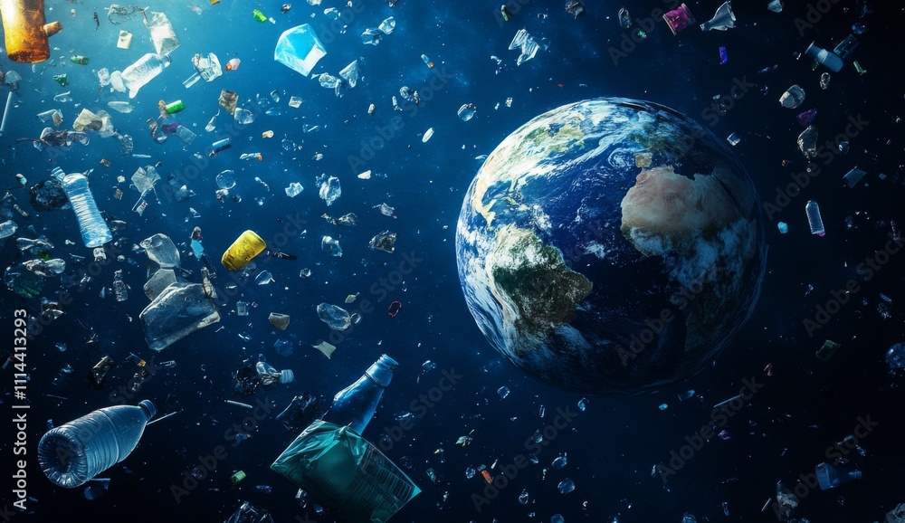 Planet Earth Covered in Plastic Waste. Hyper-Realistic Blue Background ...