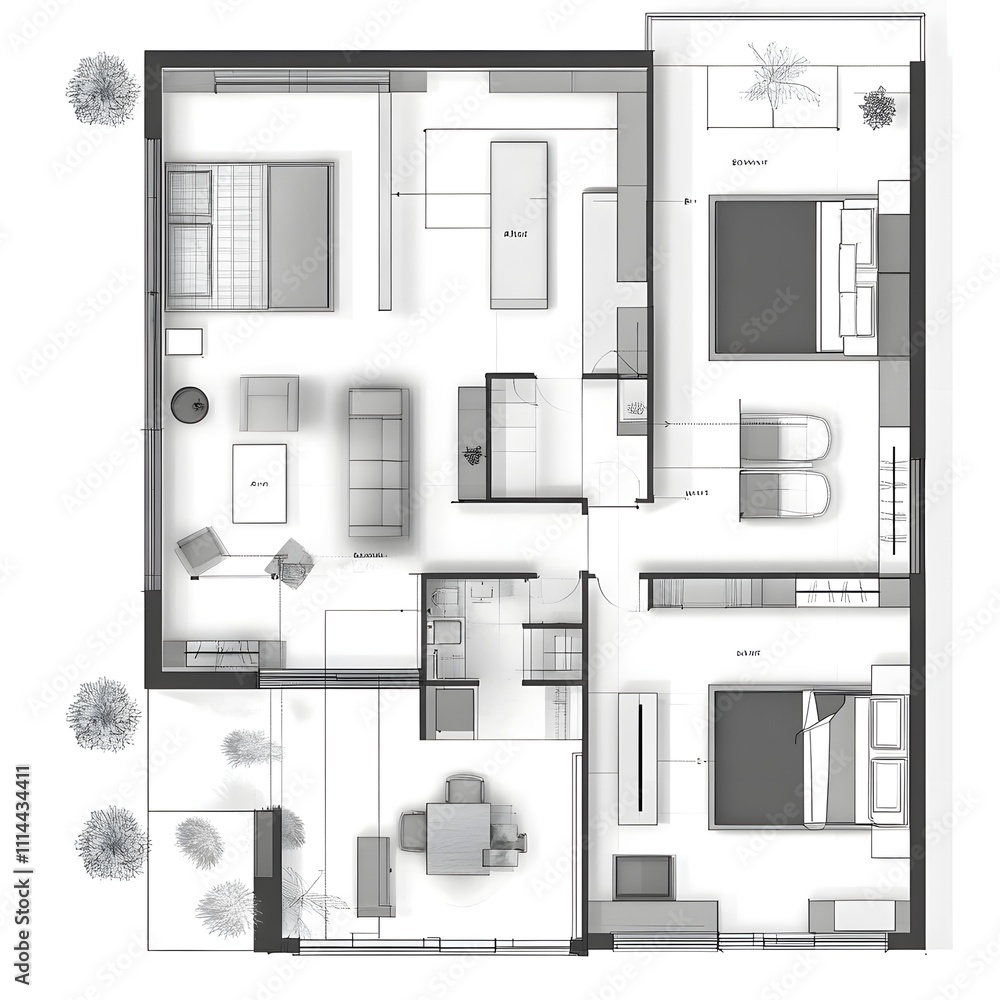 Minimalist CAD floor plan of a single-story house with labeled rooms ...