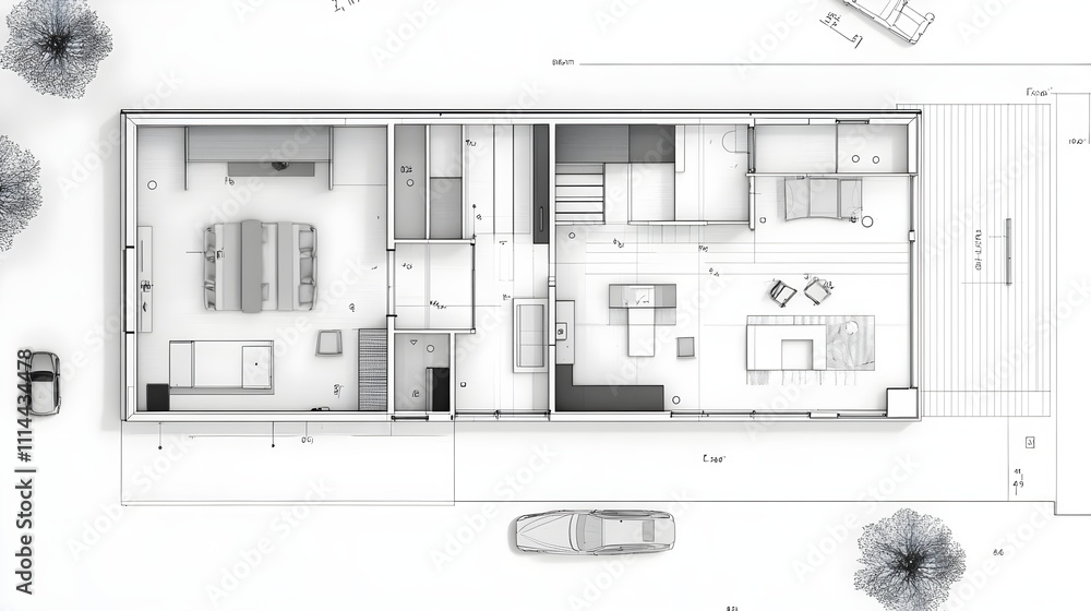 Minimalist CAD floor plan of a single-story house with labeled rooms ...