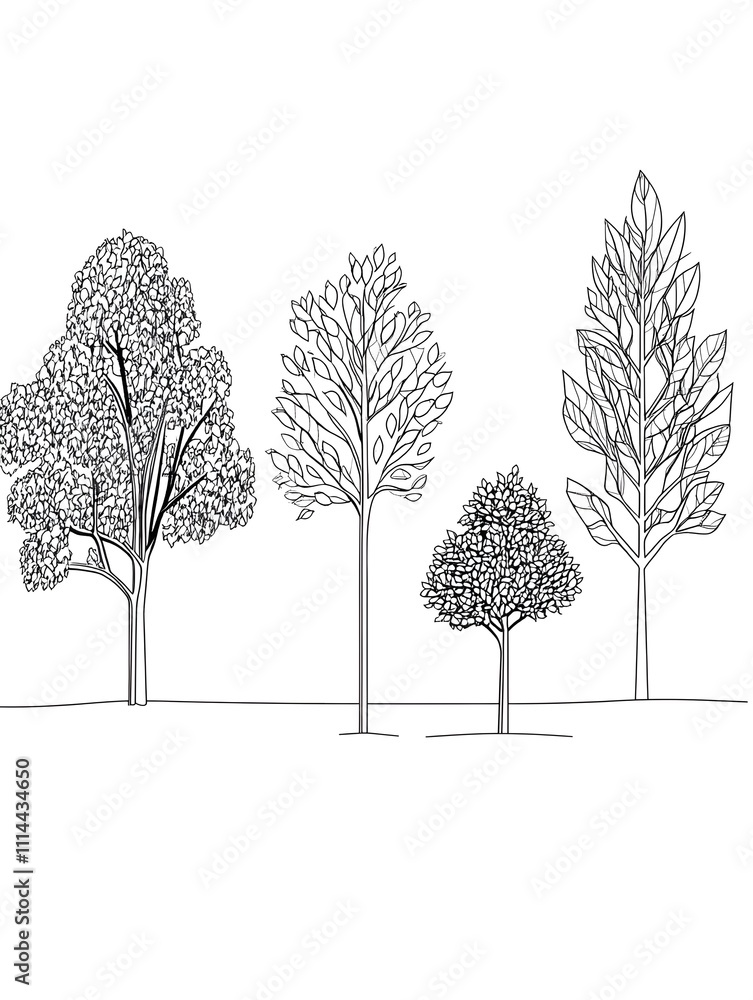 Illustration Stock Minimal style CAD tree line drawing, side view, a ...