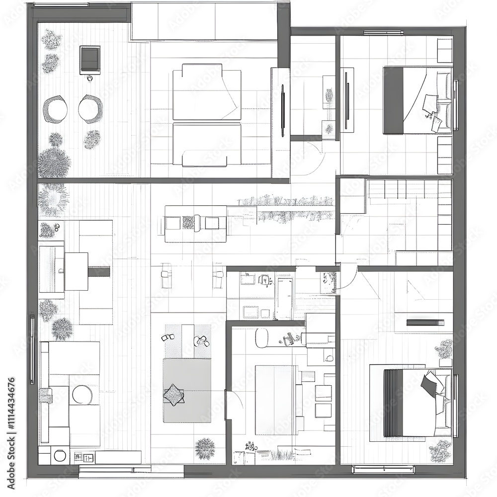 Minimalist CAD floor plan of a single-story house with labeled rooms ...