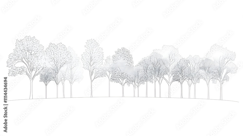 Minimal style CAD tree line drawing, side view, a set of graphic tree ...