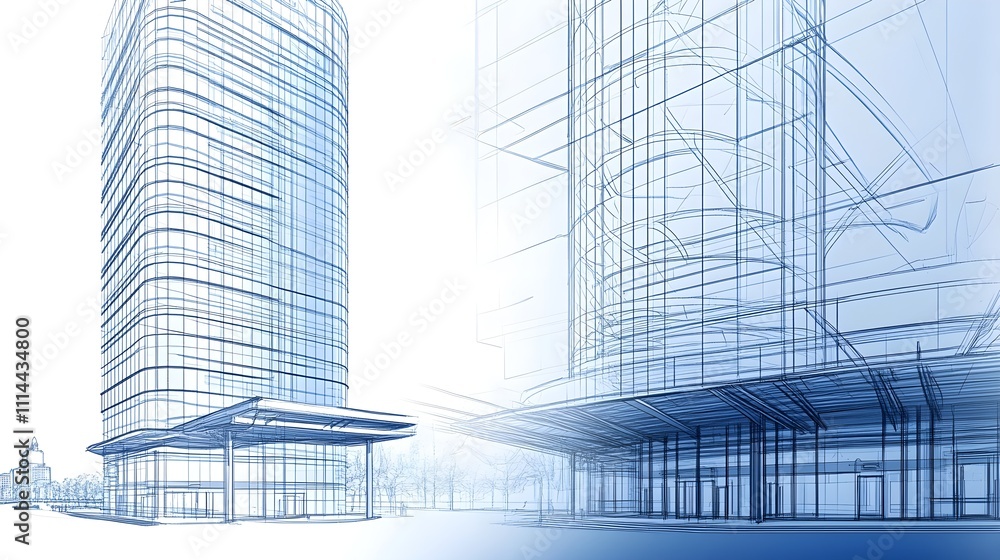 Detailed CAD line drawing of a modern skyscraper, frontal and side ...