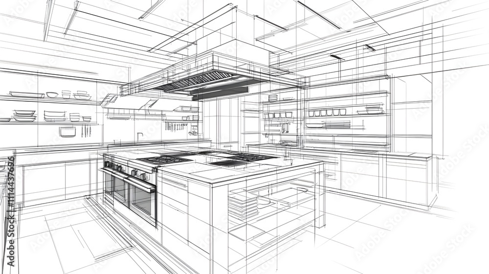 CAD schematic of a modern kitchen layout, including counters ...