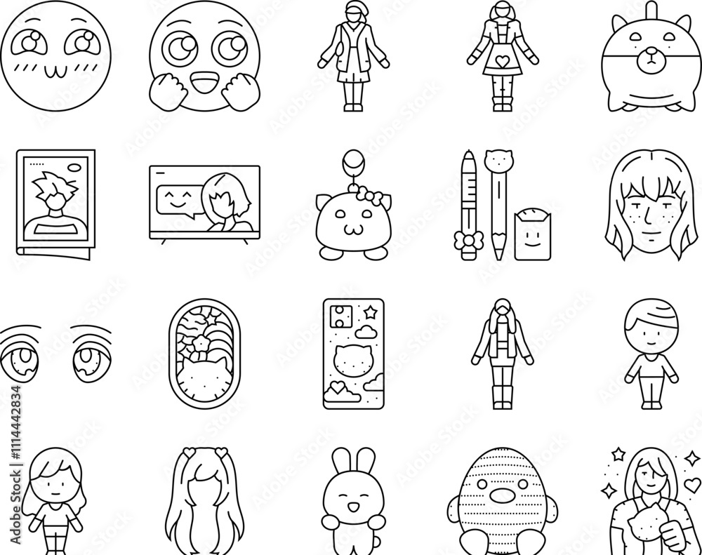 kawaii cute anime emoticon icons set vector. girl manga, rainbow art ...