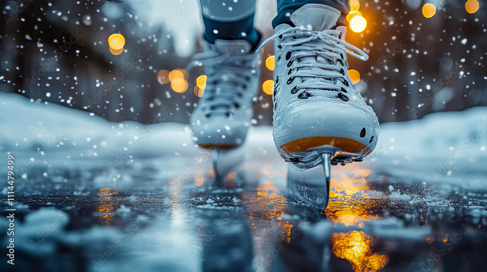 Close-up skates while skating on frozen ice. The blades can be seen ...