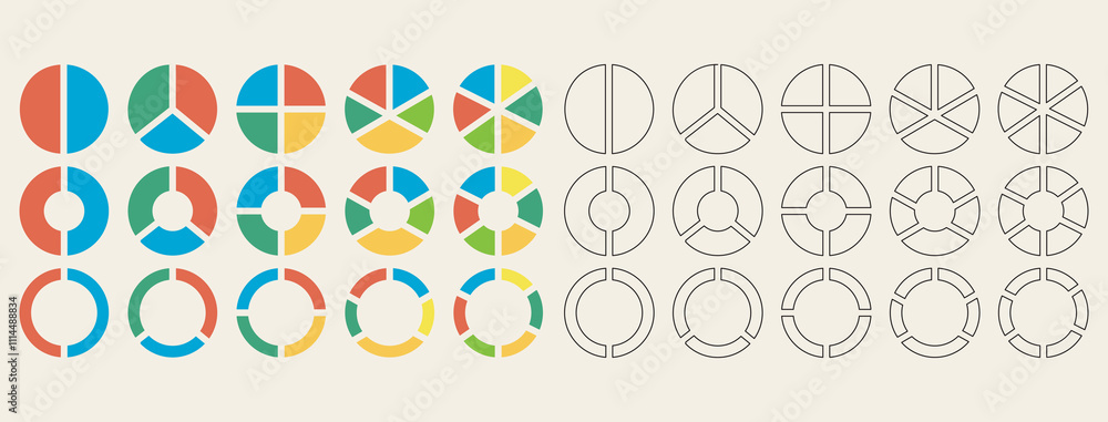 Donut charts increments, diagrams pie chart set circle icons for infographic. Circle section ...