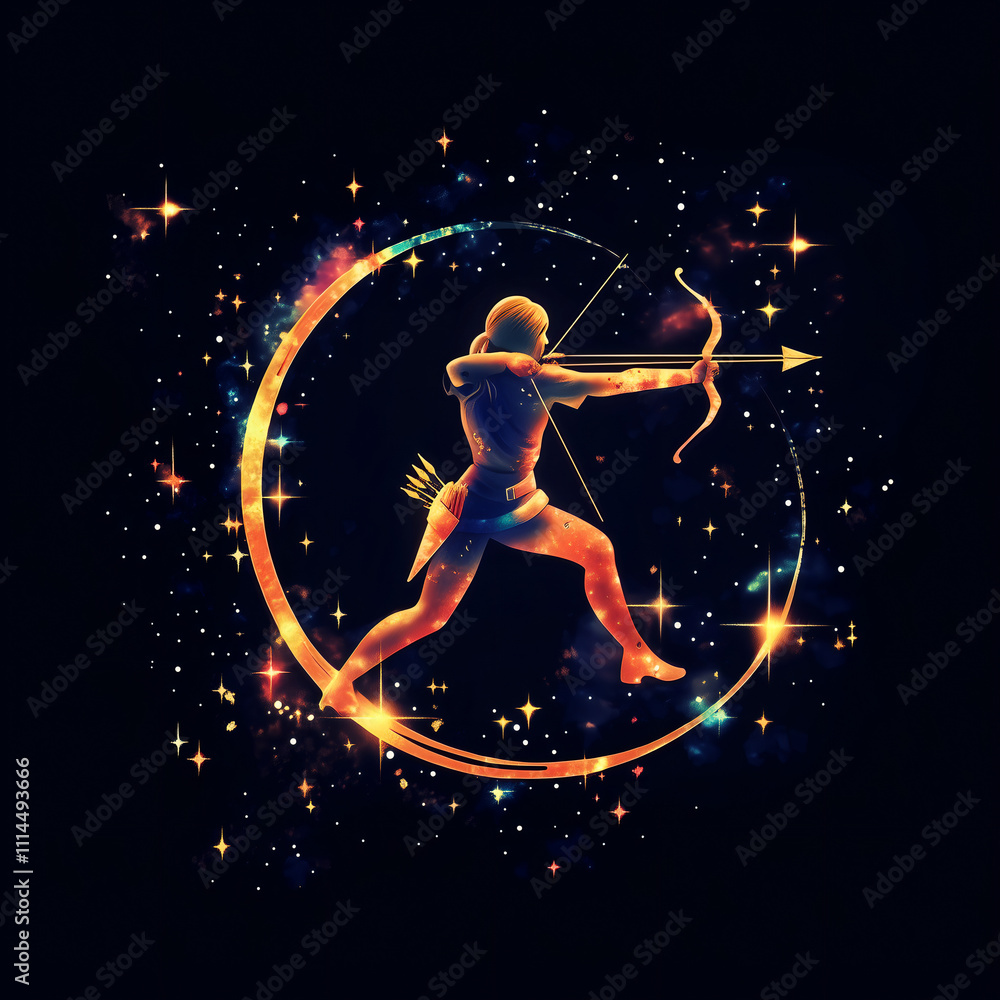 zodiac sign Sagittarius; abstract silhouete of mythic hunter with bow ...