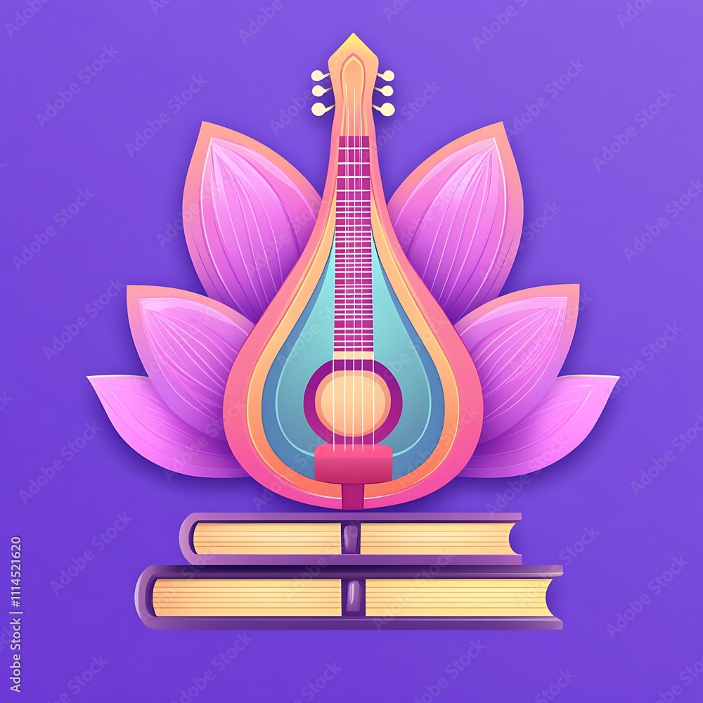 Indian musical instrument sitar, with books and a lotus flower, vasant ...