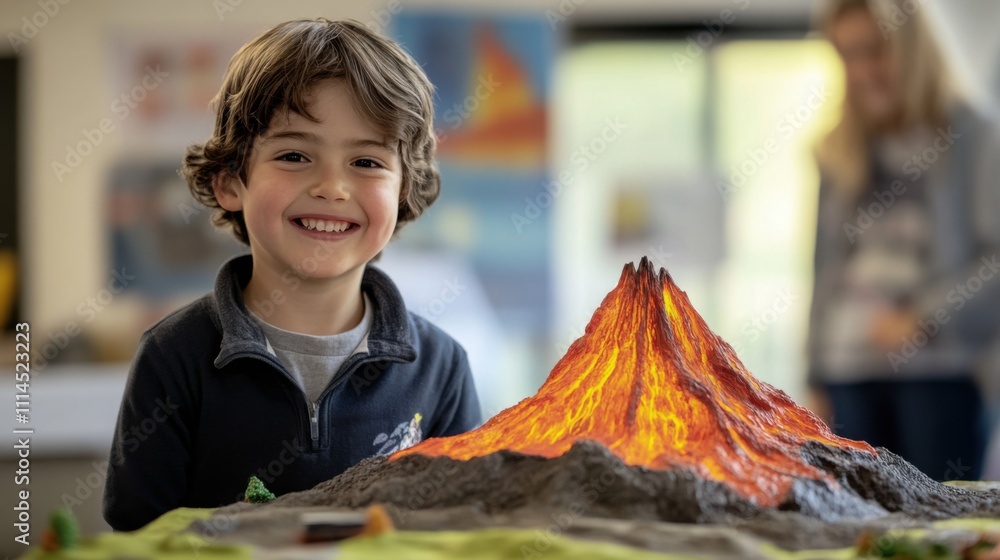 Child enjoys interactive volcano model during educational activity in a ...